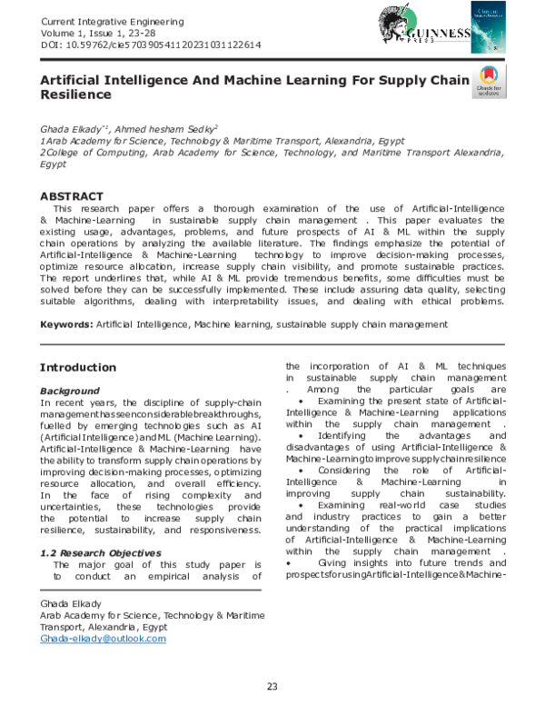 (PDF) Artificial Intelligence And Machine Learning For Supply Chain Resilience