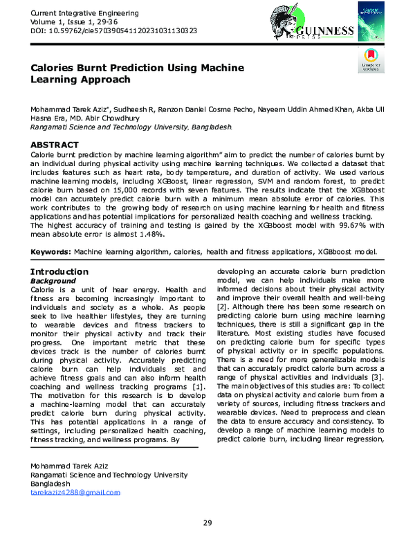 (PDF) Calories Burnt Prediction Using Machine Learning Approach