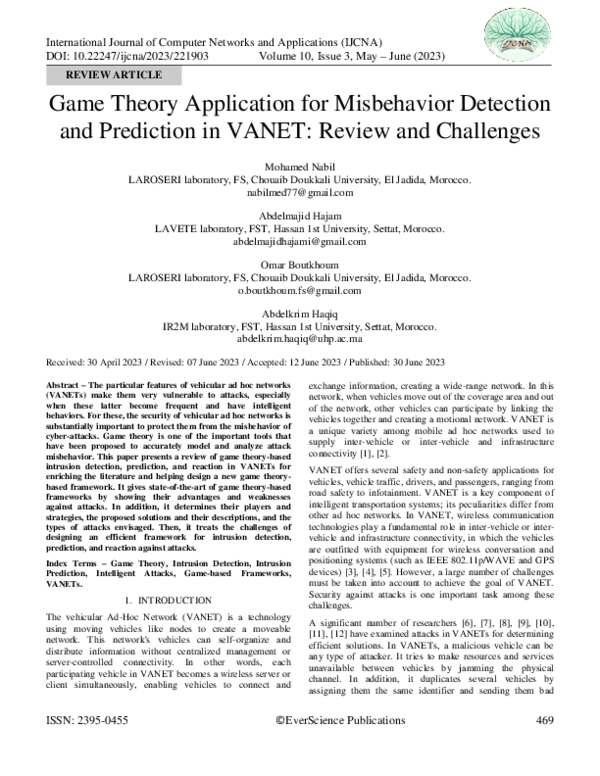 (PDF) Game Theory Application for Misbehavior Detection and Prediction in VANET: Review and ...