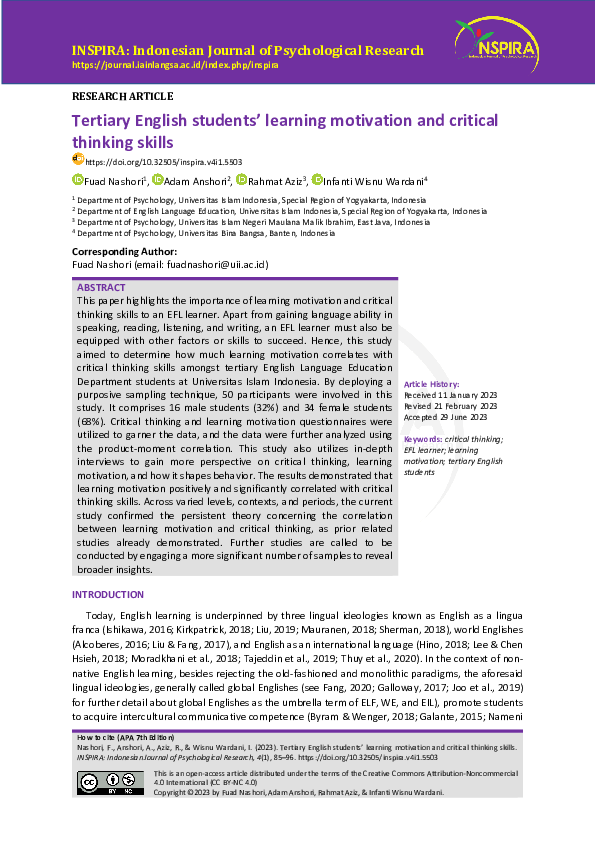 (PDF) Tertiary English students’ learning motivation and critical ...