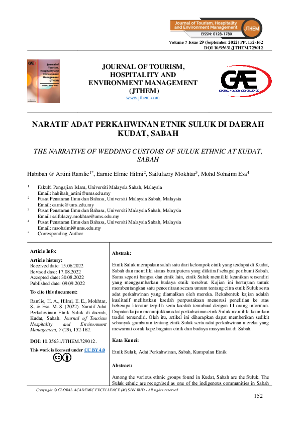 (PDF) The Narrative of Wedding Customs of Suluk Ethnic at Kudat, Sabah
