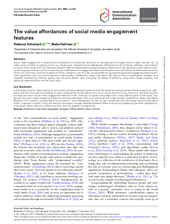 (PDF) The value affordances of social media engagement features