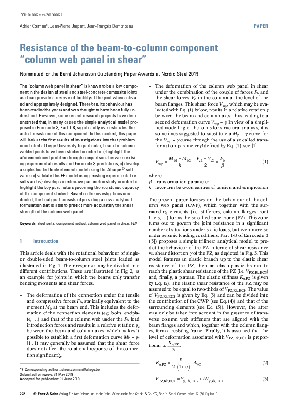 (PDF) Resistance of the beam‐to‐column component ”column web panel in ...