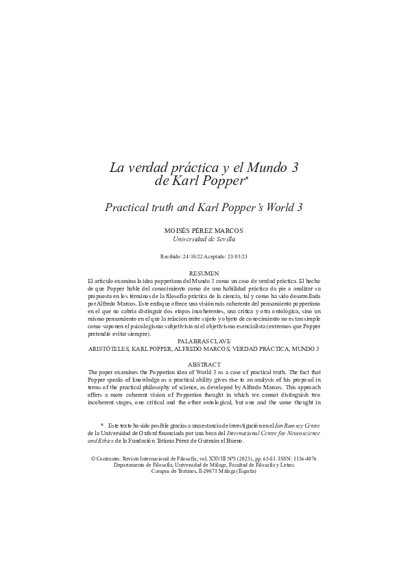 (PDF) La verdad practica y el Mundo 3 de Karl Popper