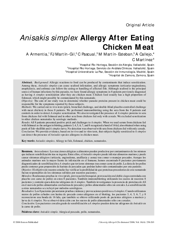 (PDF) Anisakis simplex allergy after eating chicken meat