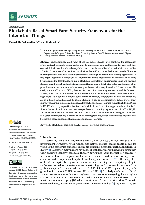 (PDF) Blockchain-Based Smart Farm Security Framework for the Internet of Things