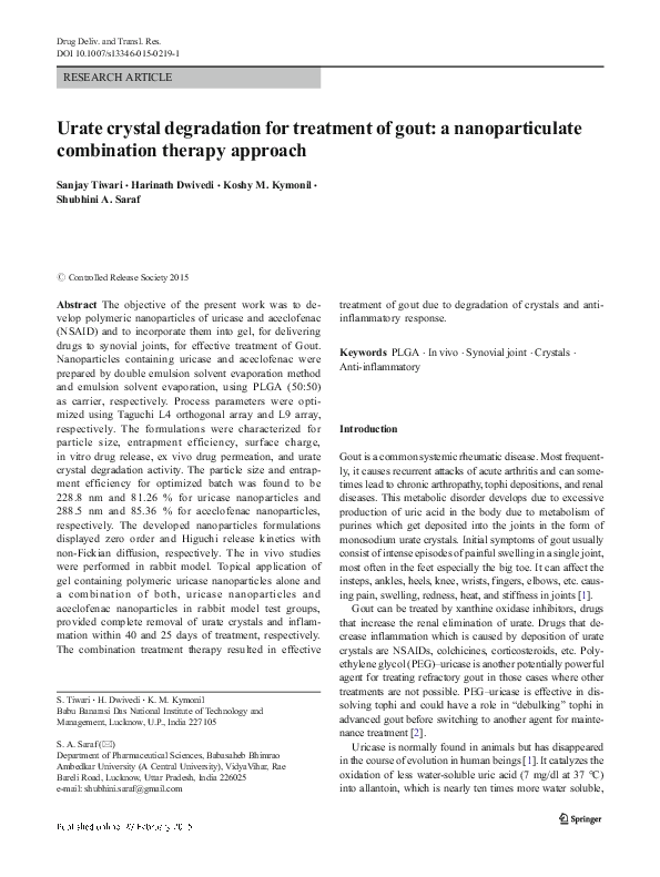 (PDF) Urate crystal degradation for treatment of gout: a nanoparticulate combination therapy ...