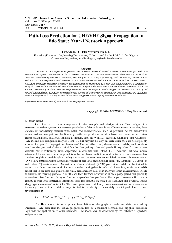 Pdf Path Loss Prediction For Uhf Vhf Signal Propagation In Edo State