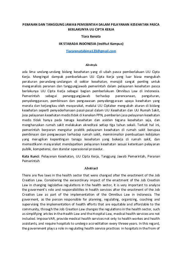 (DOC) PERANAN DAN TANGGUNG JAWAB PEMERINTAH DALAM PELAYANAN KESEHATAN PASCA BERLAKUNYA UU CIPTA ...