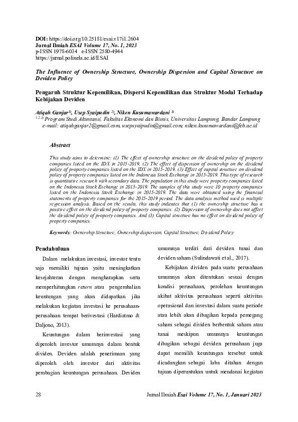 (PDF) Pengaruh Struktur Kepemilikan, Dispersi Kepemilikan dan Struktur Modal Terhadap Kebijakan ...