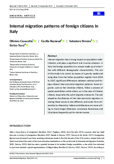 (PDF) Internal migration patterns of foreign citizens in Italy