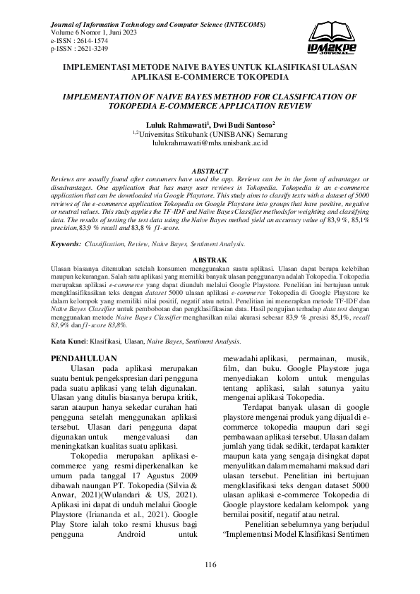 (PDF) IMPLEMENTASI METODE NAIVE BAYES UNTUK KLASIFIKASI ULASAN APLIKASI E-COMMERCE TOKOPEDIA ...