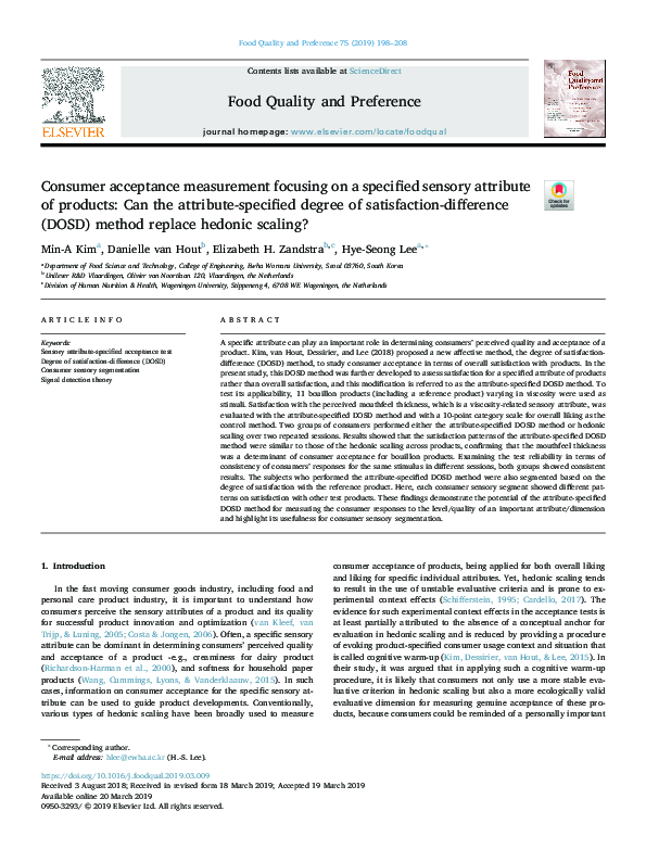 (PDF) Consumer acceptance measurement focusing on a specified sensory ...