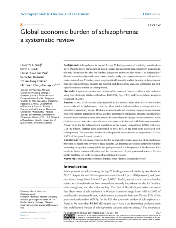 (PDF) Global Economic Burden of Schizophrenia: A Systematic Review