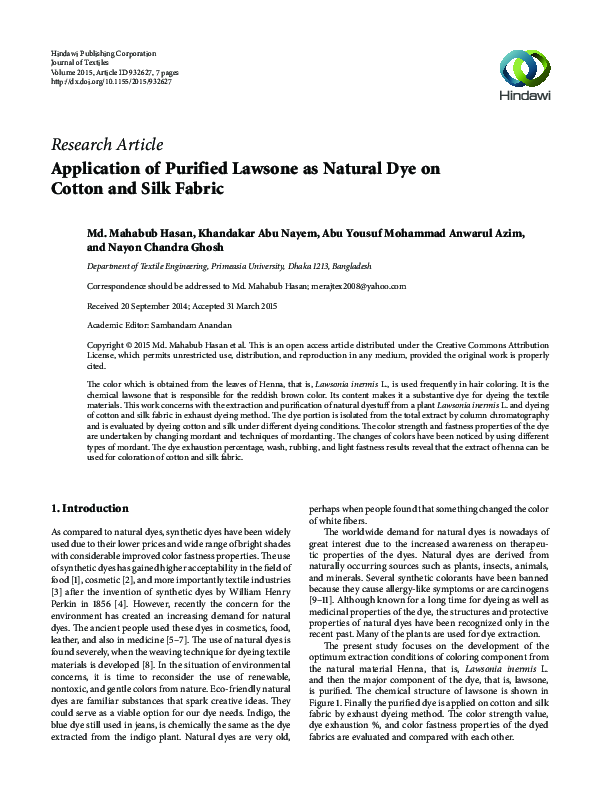 (PDF) Application of Purified Lawsone as Natural Dye on Cotton and Silk ...