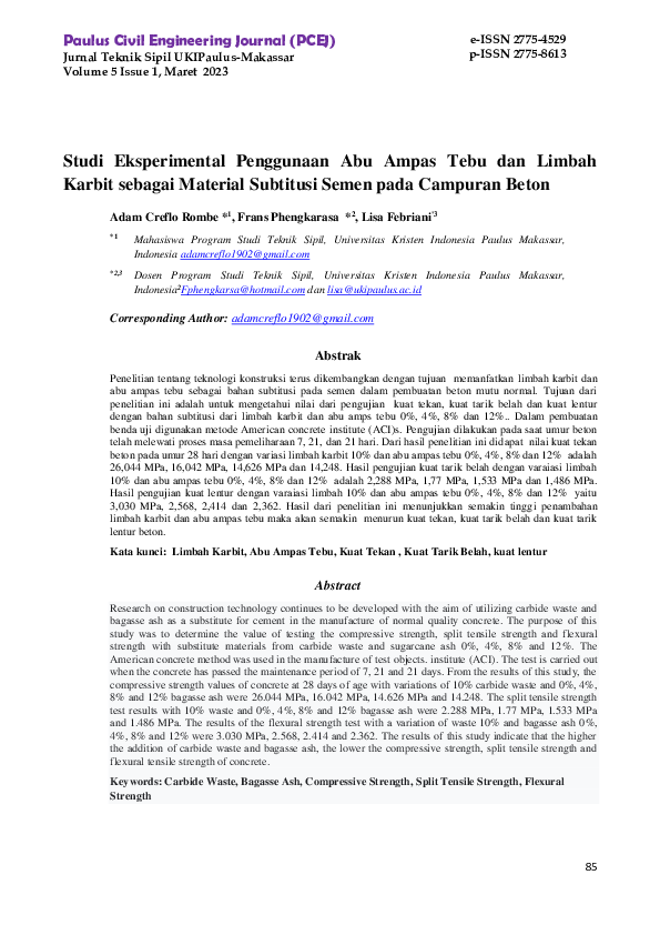 (PDF) Studi Eksperimental Penggunaan Abu Ampas Tebu dan Limbah Karbit sebagai Material Subtitusi ...