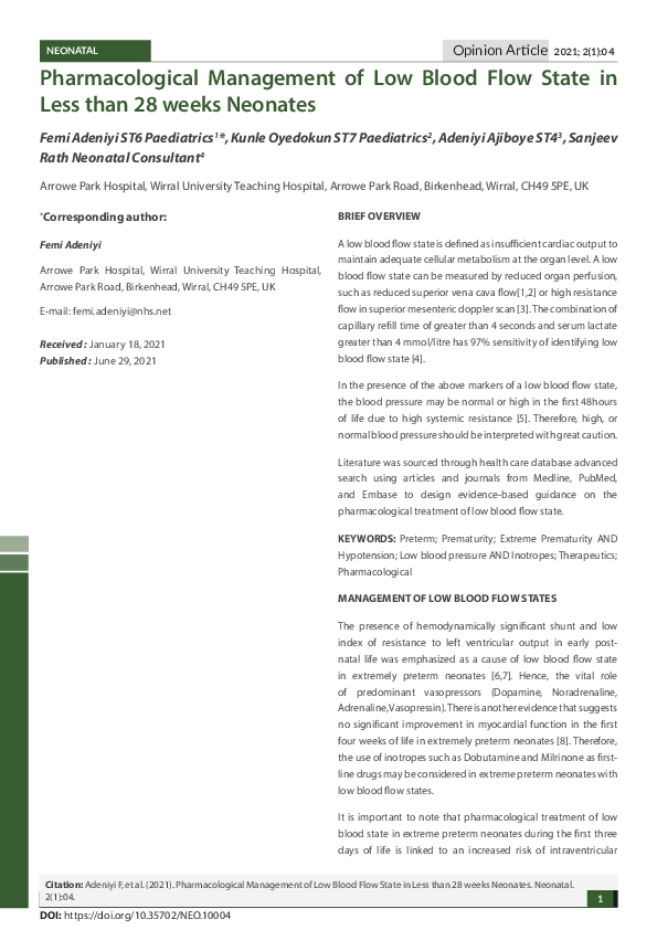 (PDF) Pharmacological management of low blood flow state in less than ...