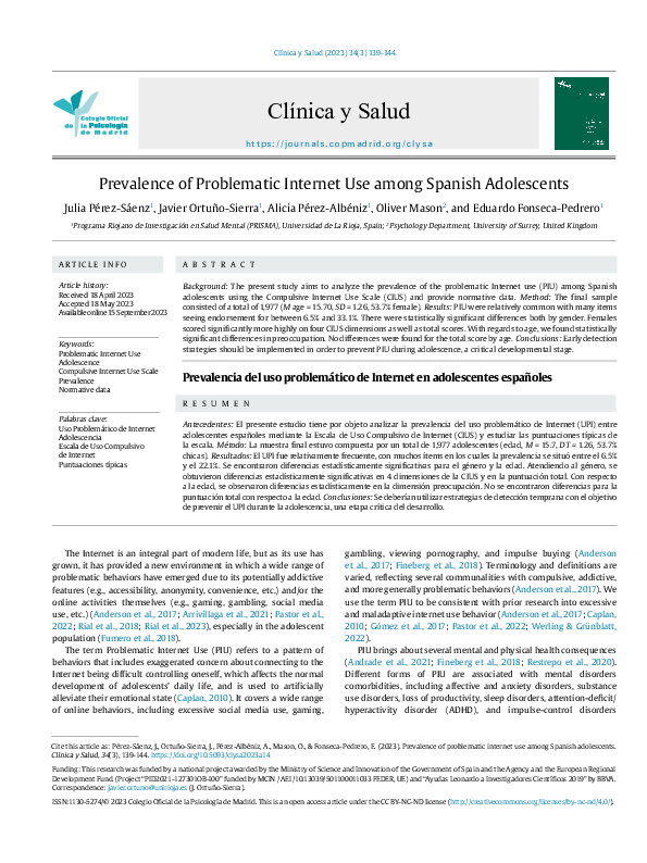 (PDF) Prevalence of Problematic Internet Use among Spanish Adolescents ...