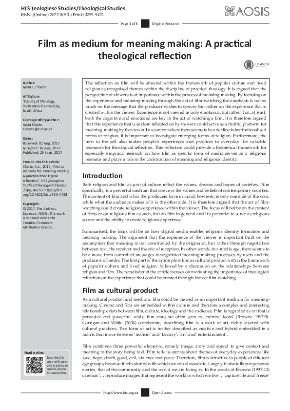 (PDF) Film as medium for meaning making: A practical theological reflection