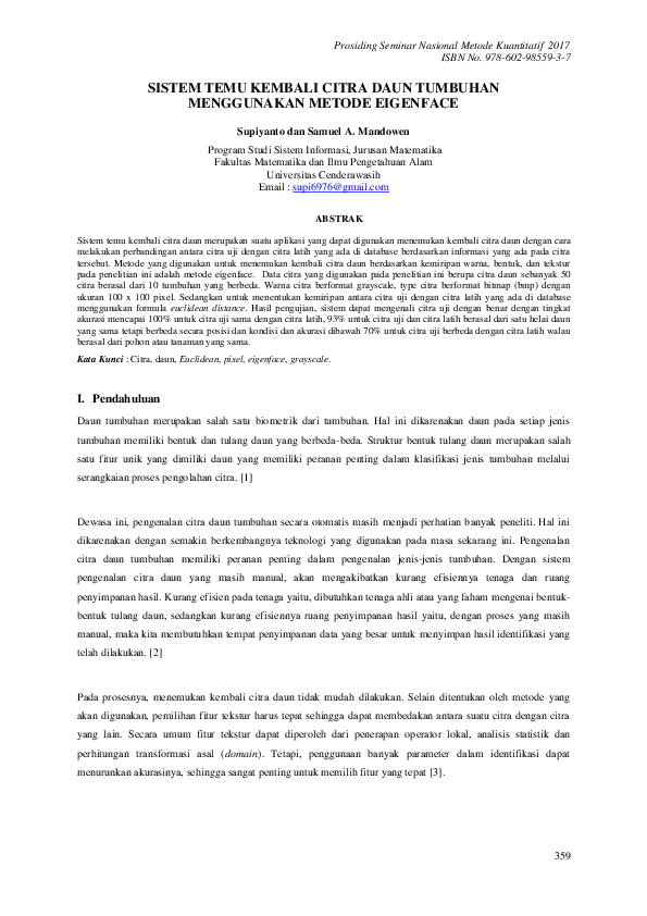 (PDF) Sistem Temu Kembali Citra Daun Tumbuhan Menggunakan Metode Eigenface