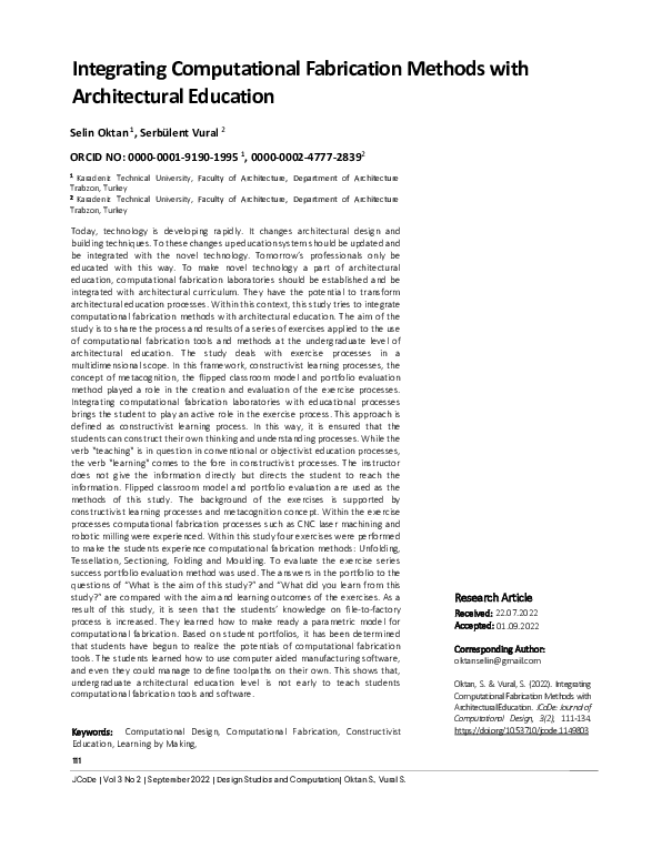 (PDF) Integrating Computational Fabrication Methods with Architectural Education