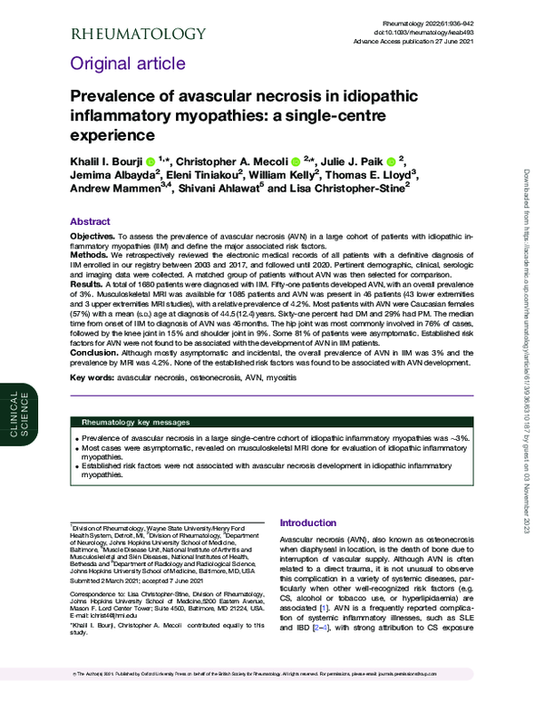 (PDF) Prevalence of avascular necrosis in idiopathic inflammatory ...