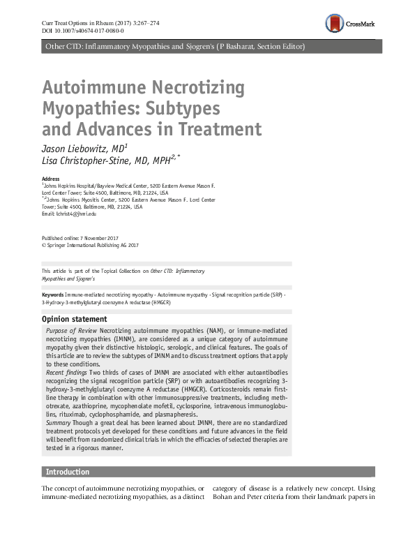 (PDF) Autoimmune Necrotizing Myopathies: Subtypes and Advances in ...