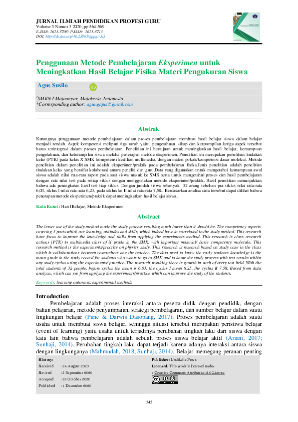 (PDF) Penggunaan Metode Pembelajaran Eksperimen untuk Meningkatkan Hasil Belajar Fisika Materi ...