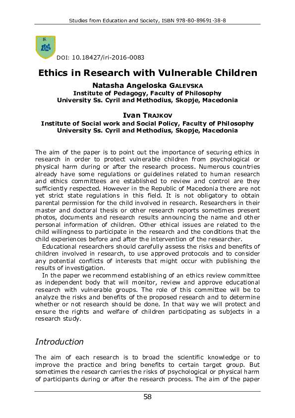 (PDF) Ethics in Research with Vulnerable Children