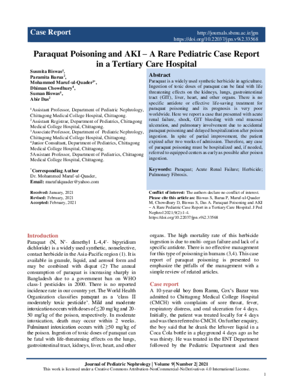 Pdf Paraquat Poisoning And Aki A Rare Pediatric Case Report In A