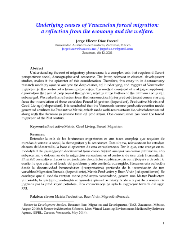 (PDF) Underlying causes of Venezuelan forced migration: a reflection ...