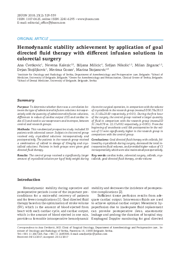 (PDF) Hemodynamic stability achievement by application of goal directed fluid therapy with ...