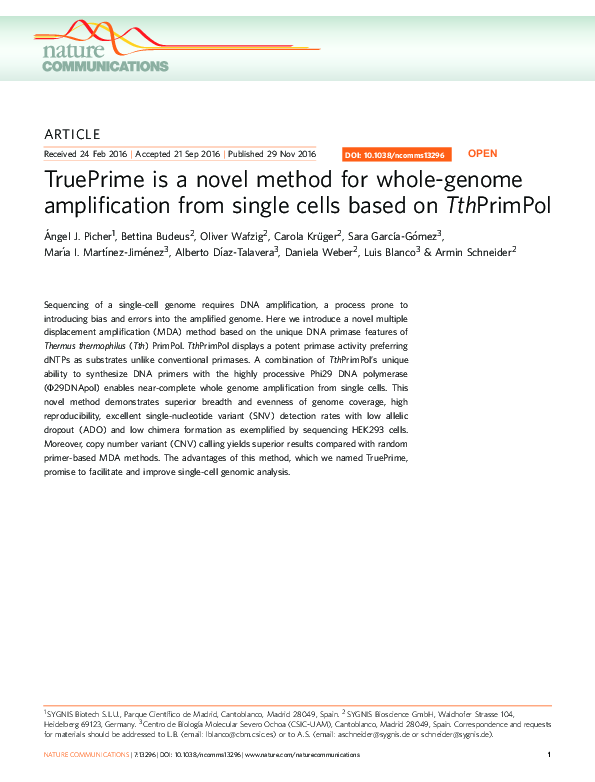 (PDF) TruePrime is a novel method for whole-genome amplification from single cells based on ...