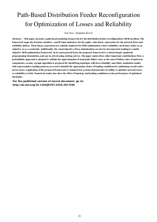 Pdf Path Based Distribution Feeder Reconfiguration For Optimization