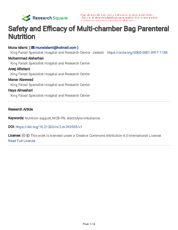 (PDF) Safety and Efficacy of Multi-chamber Bag Parenteral Nutrition
