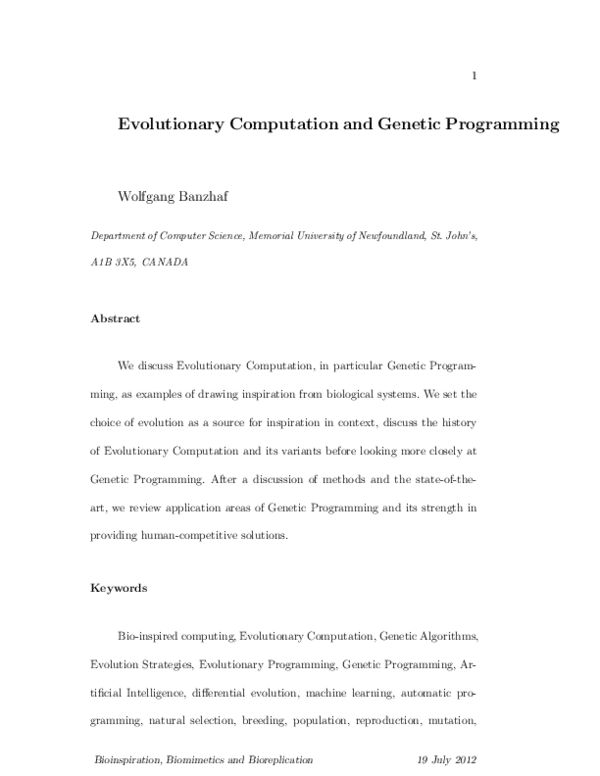 Pdf Evolutionary Computation And Genetic Programming