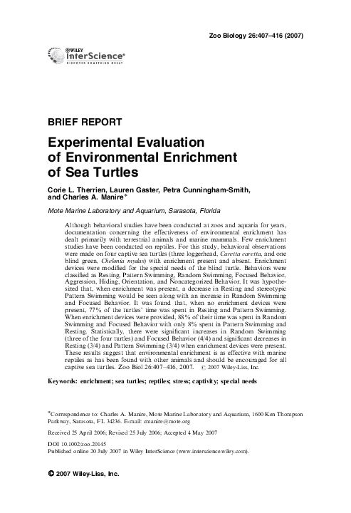 (PDF) Experimental evaluation of environmental enrichment of sea turtles