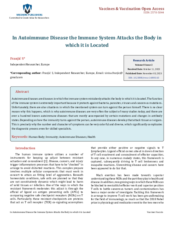 (PDF) In Autoimmune Disease the Immune System Attacks the Body in which ...