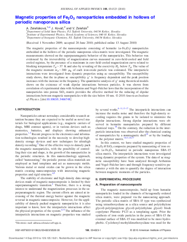 (PDF) Magnetic properties of Fe2O3 nanoparticles embedded in hollows of periodic nanoporous silica