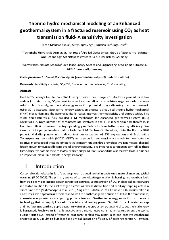 (PDF) Thermo-hydro-mechanical modeling of an Enhanced geothermal system in a fractured reservoir ...
