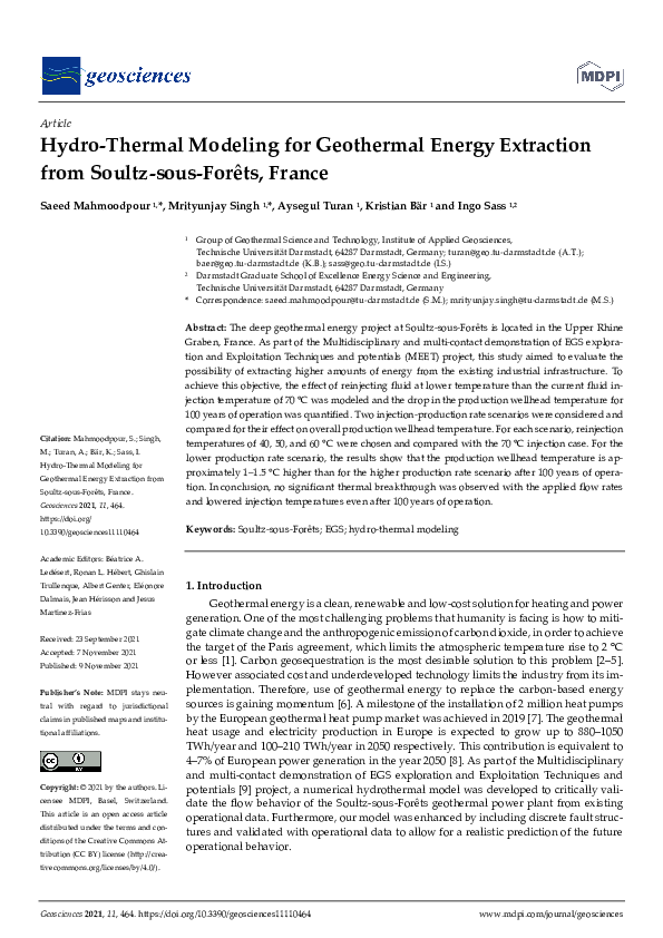 (PDF) Hydro-Thermal Modeling for Geothermal Energy Extraction from Soultz-Sous-forêts, France