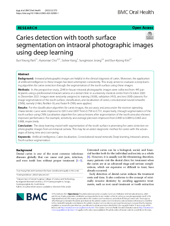 Pdf Caries Detection With Tooth Surface Segmentation On Intraoral Photographic Images Using