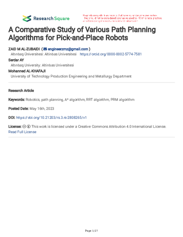 (PDF) A Comparative Study of Various Path Planning Algorithms for Pick-and-Place Robots