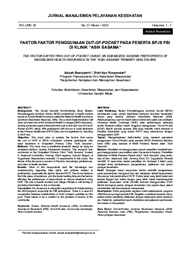 (PDF) Faktor-Faktor Penggunaan Out-Of-Pocket Pada Peserta BPJS Pbi DI ...