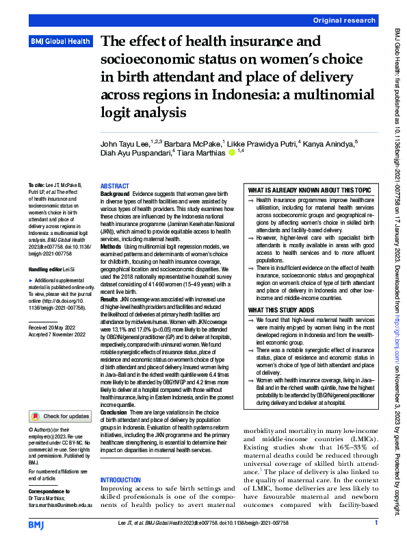 (PDF) The effect of health insurance and socioeconomic status on women ...