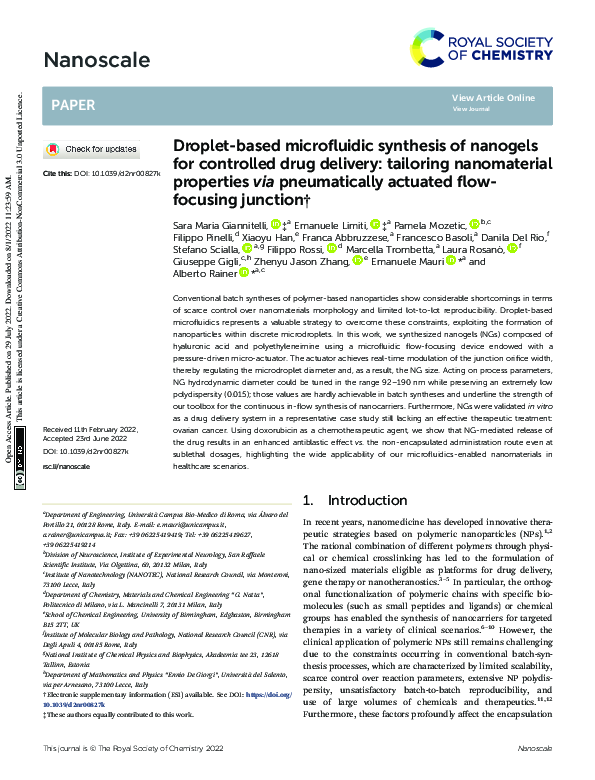 (PDF) Droplet-based microfluidic synthesis of nanogels for controlled drug delivery: tailoring ...