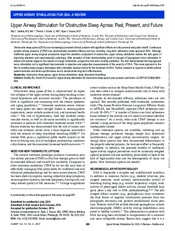 (PDF) Upper Airway Stimulation for Obstructive Sleep Apnea: Past ...