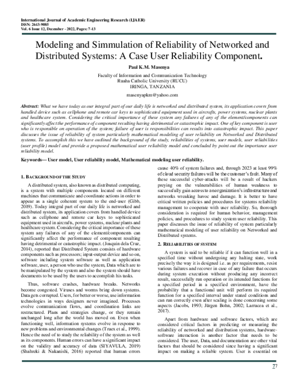 (PDF) Modeling and Simmulation of Reliability of Networked and Distributed Systems: A Case User ...