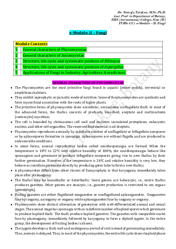 (PDF) e-Module - 2: Fungi