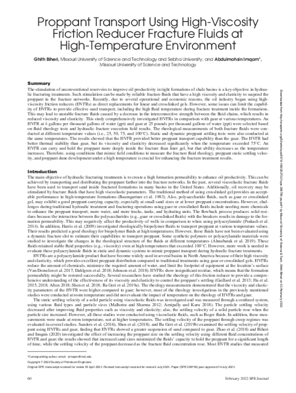 (PDF) Proppant Transport Using High-Viscosity Friction Reducer Fracture ...